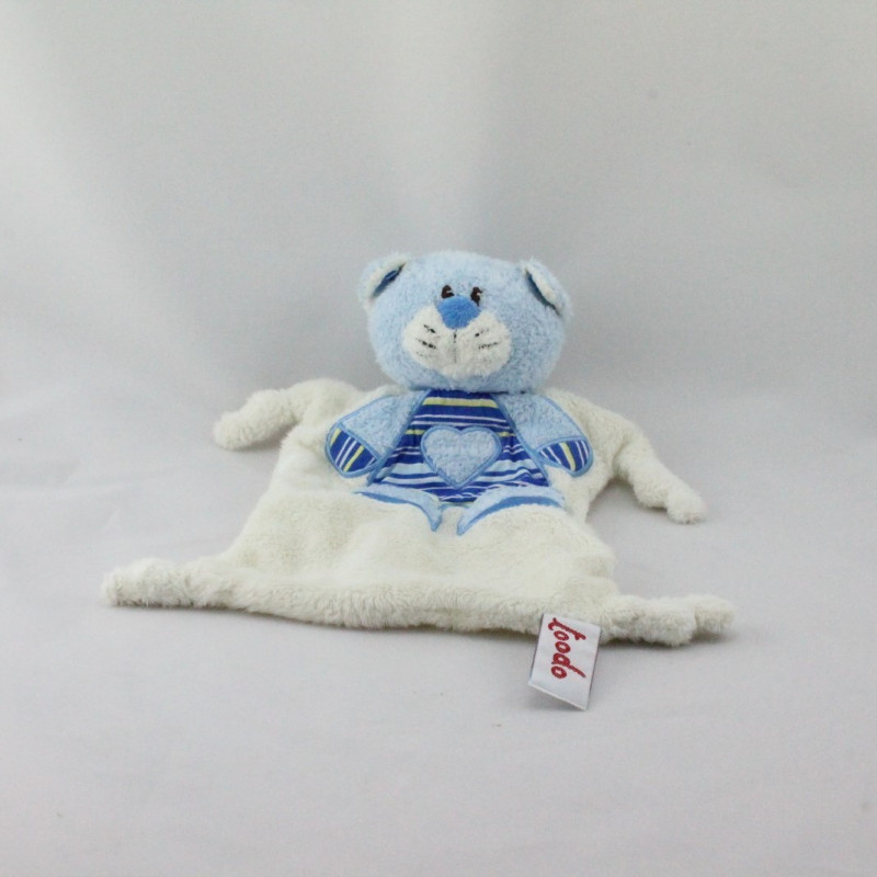 Doudou plat chat blanc bleu coeur TOODO