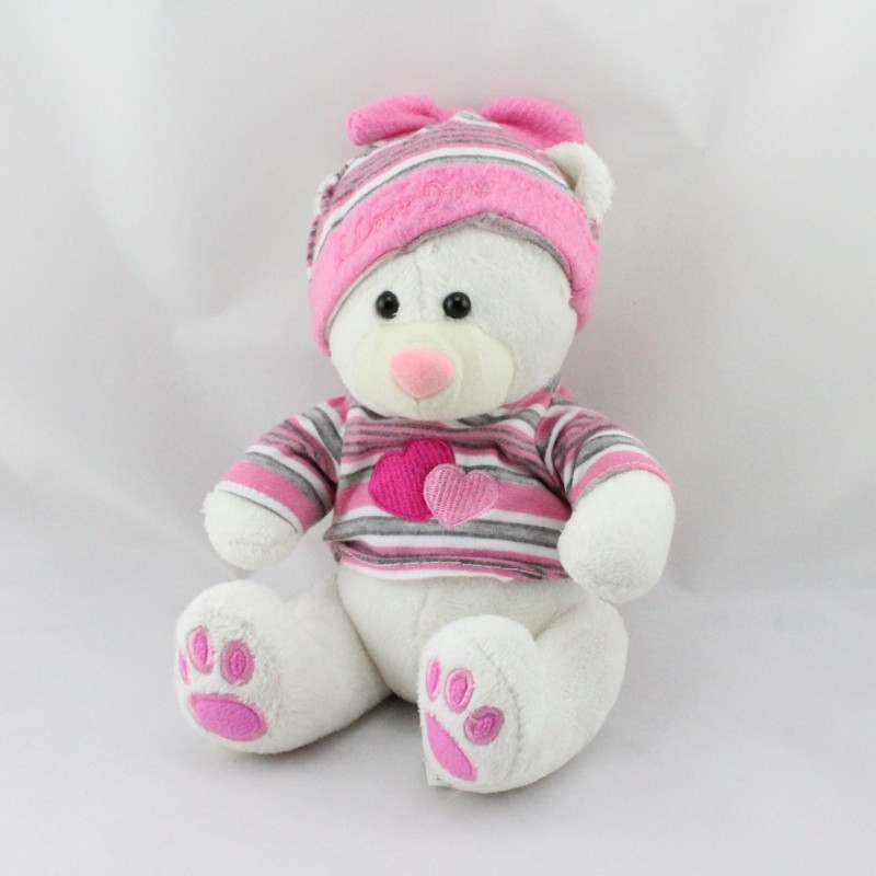Doudou ours blanc rose gris rayé coeurs FUN TOYS