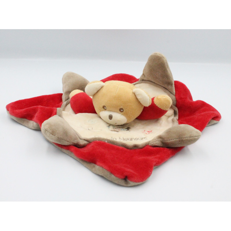 Doudou plat ours rouge écru beige avion Captain NOUNOURSS