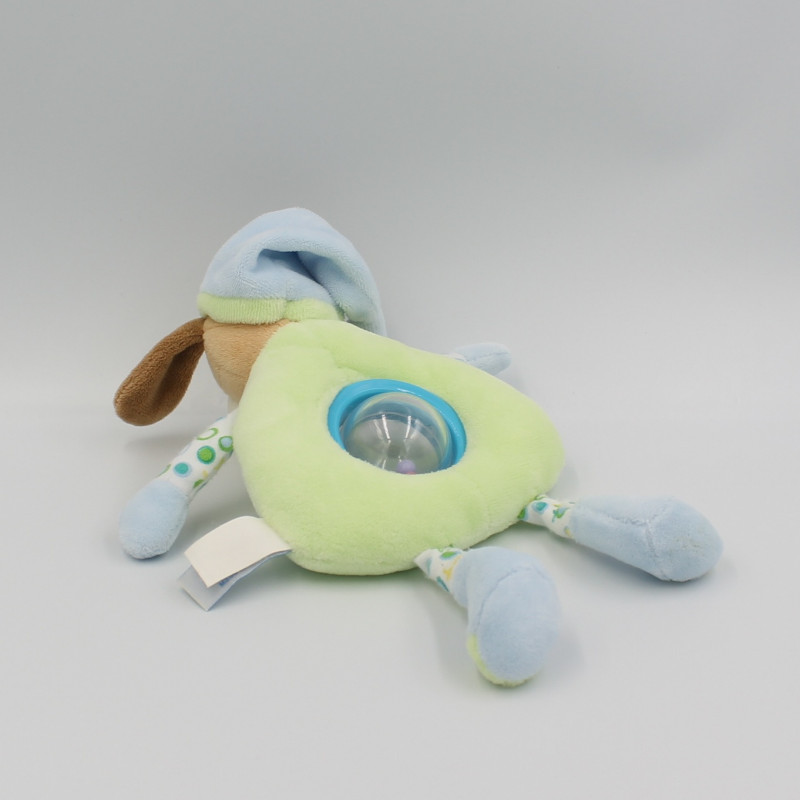 Doudou hochet chien vert bleu pommes GIPSY