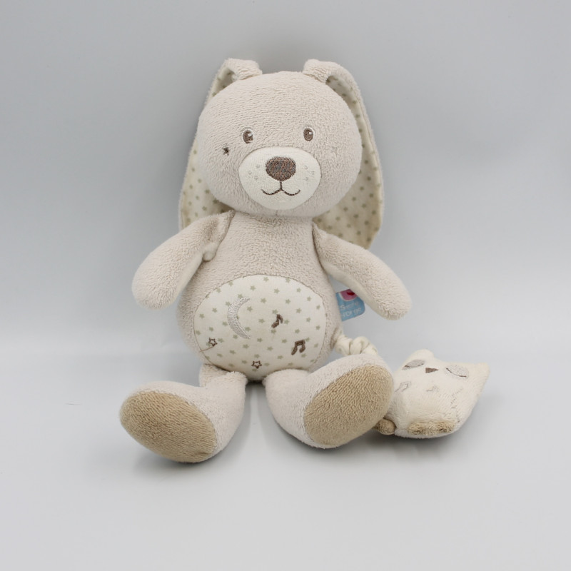 Doudou musical lapin beige blanc étoiles Sucre d'Orge