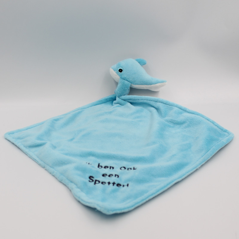 Doudou plat dauphin bleu mouchoir Ik ben ook een spetterl