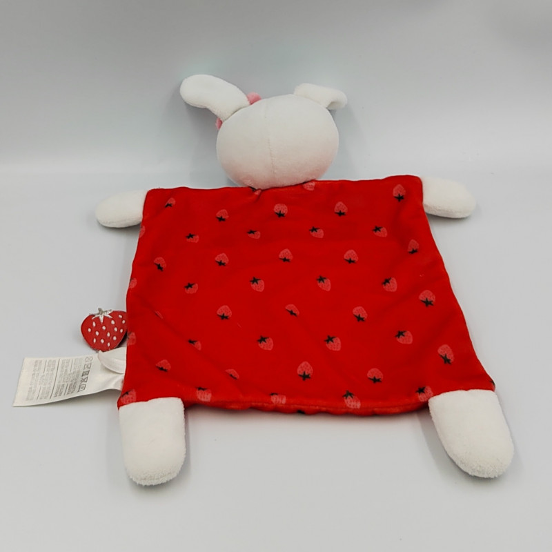 Doudou plat lapin blanc rouge fraises Petite cueillette MOTS D'ENFANTS