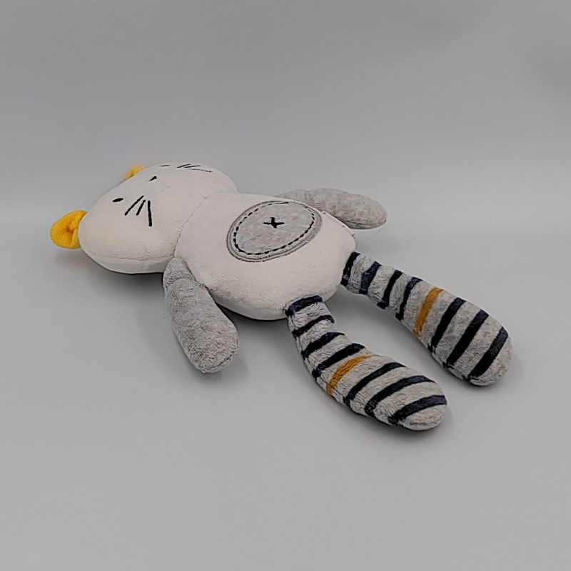 Doudou chat blanc gris jaune bleu rayé BRIOCHE