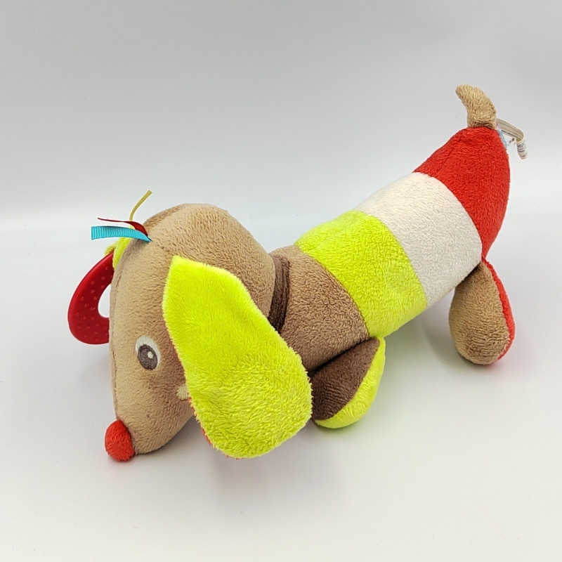 Doudou chien beige orange vert rouge blanc SUCRE D'ORGE