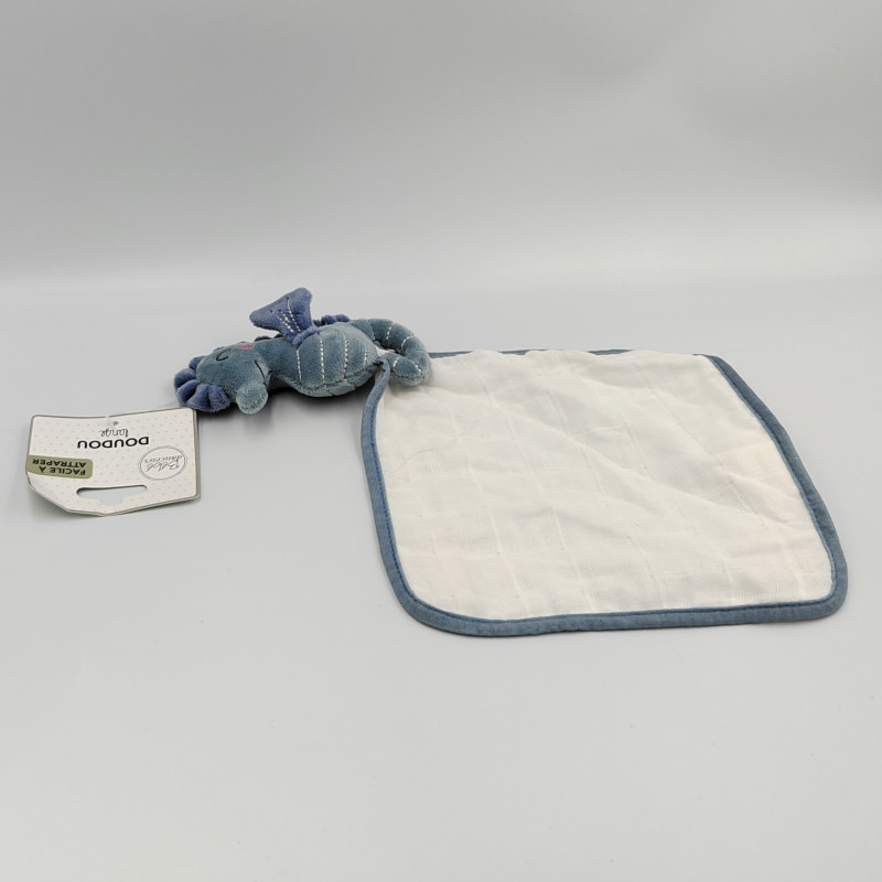 Doudou plat hippocampe bleu blanc mouchoir BEBE DOUCEUR